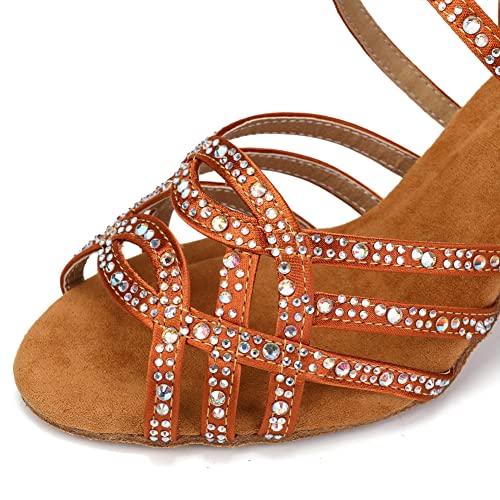 SWDZM Women's Latin Dance Shoes Rhinestone Salsa Chacha Ballroom Performance Practice Dancing Shoes,L357 Bronze 3'' Heel,5 US