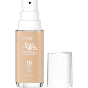 l'oreal paris true match super-blendable foundation, medium coverage liquid foundation makeup, n3, light medium, 1 fl oz