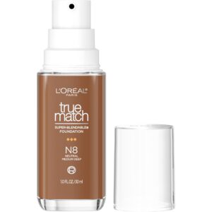 l'oreal paris true match super-blendable foundation, medium coverage liquid foundation makeup, n8, medium deep, 1 fl oz