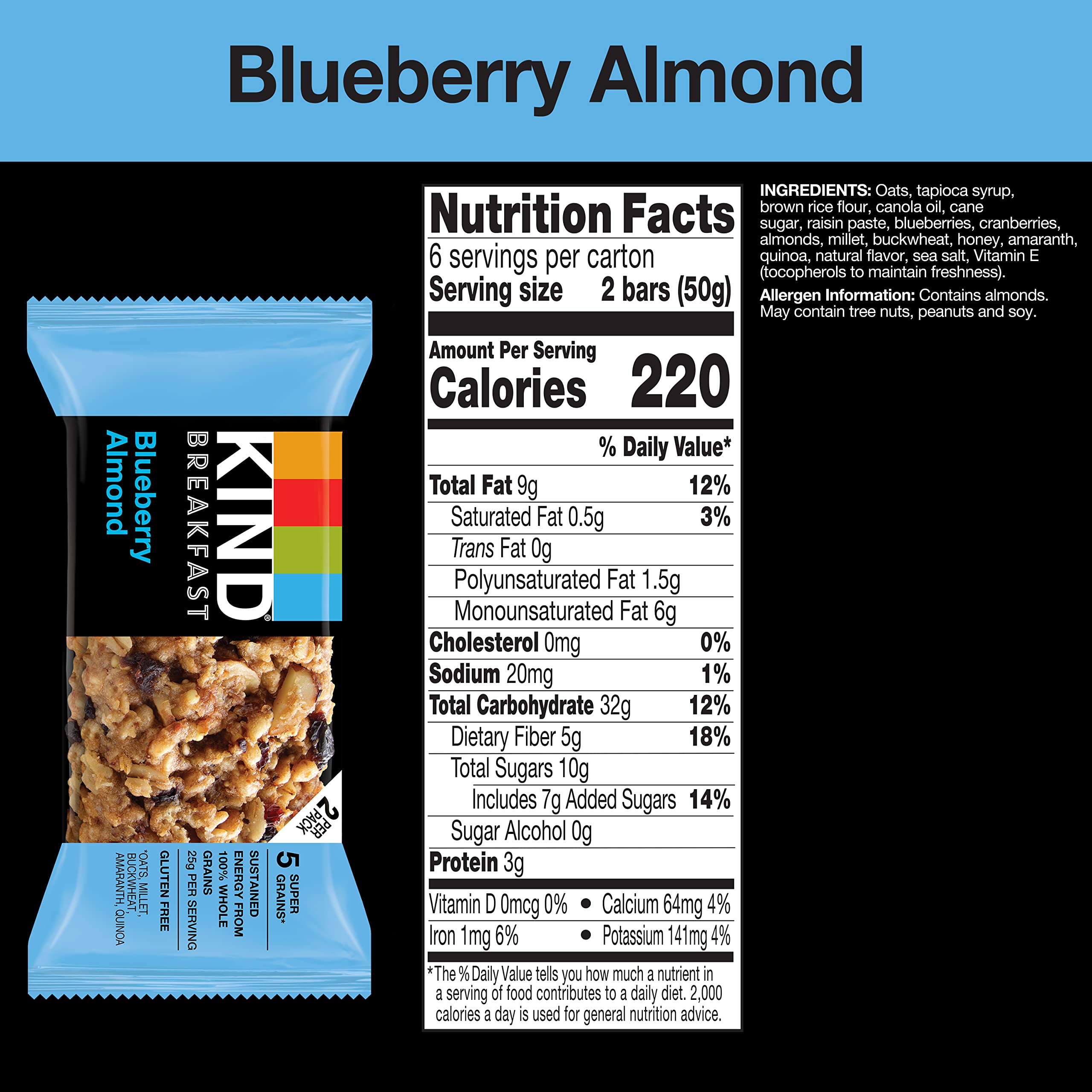 KIND Breakfast, Healthy Snack Bar, Blueberry Almond, Gluten Free Breakfast Bars, 100% Whole Grains, 1.76 OZ Packs (6 Count)