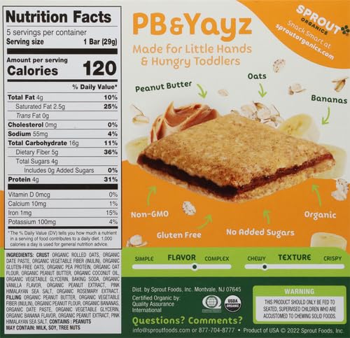 Sprout Organics PB & Yayz Sandwich Bars Peanut Butter & Banana, Organic Gluten Free Toddler Snack