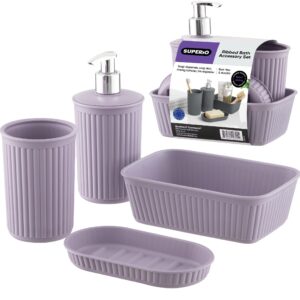 superio ribbed collection - decorative plastic bathroom accessories set, lilac purple (set of 4) soap dish, liquid dispenser, toothbrush holder cup, vanity organizer tray - bathroom decor gift