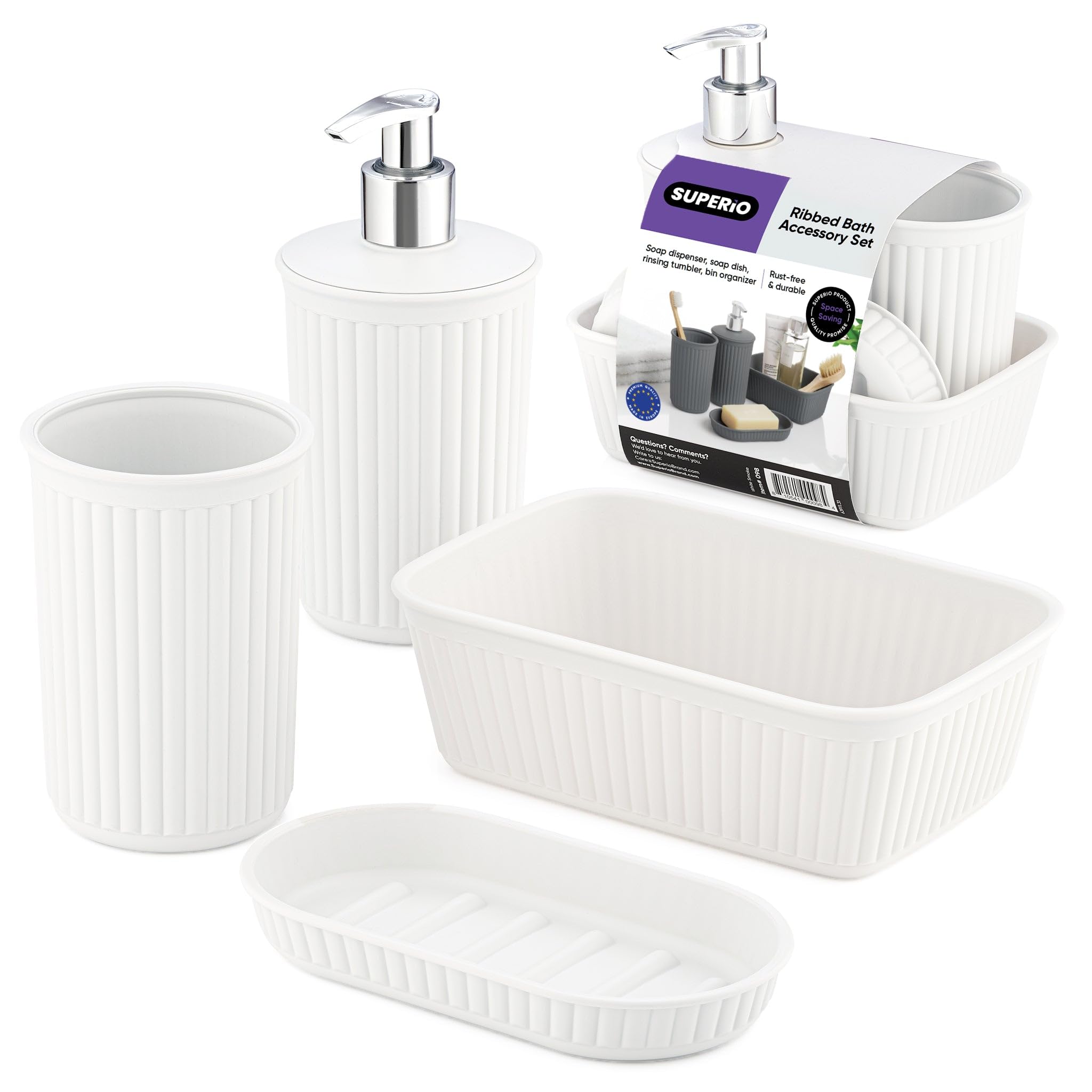 Superio Ribbed Collection - Decorative Plastic Bathroom Accessories Set, White (Set of 4) Soap Dish, Liquid Dispenser, Toothbrush Holder Cup, Vanity Organizer Tray Bathroom Countertop Decor Gift