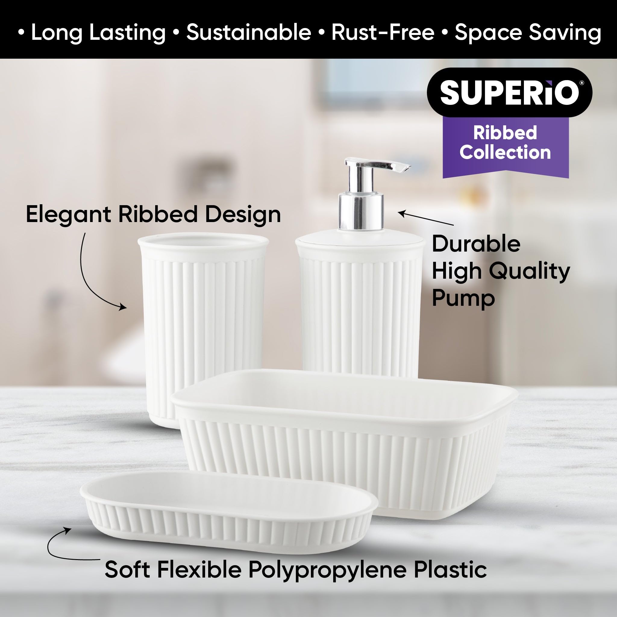 Superio Ribbed Collection - Decorative Plastic Bathroom Accessories Set, White (Set of 4) Soap Dish, Liquid Dispenser, Toothbrush Holder Cup, Vanity Organizer Tray Bathroom Countertop Decor Gift