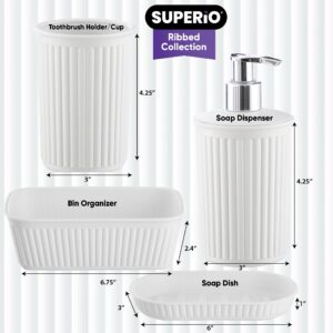 Superio Ribbed Collection - Decorative Plastic Bathroom Accessories Set, White (Set of 4) Soap Dish, Liquid Dispenser, Toothbrush Holder Cup, Vanity Organizer Tray Bathroom Countertop Decor Gift