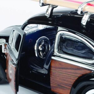 Toy Cars 1966 VW Beetle Black with Wood Panels and Two Surfboards on Roof Rack 1/24 Diecast Model Car by Motormax 79591