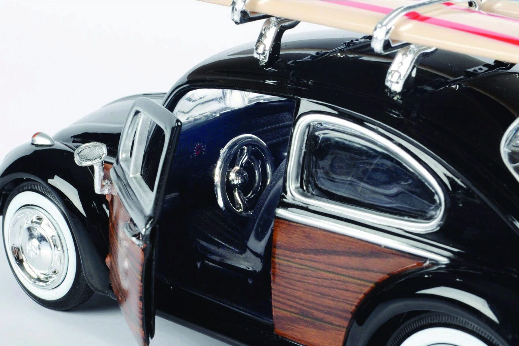 Toy Cars 1966 VW Beetle Black with Wood Panels and Two Surfboards on Roof Rack 1/24 Diecast Model Car by Motormax 79591