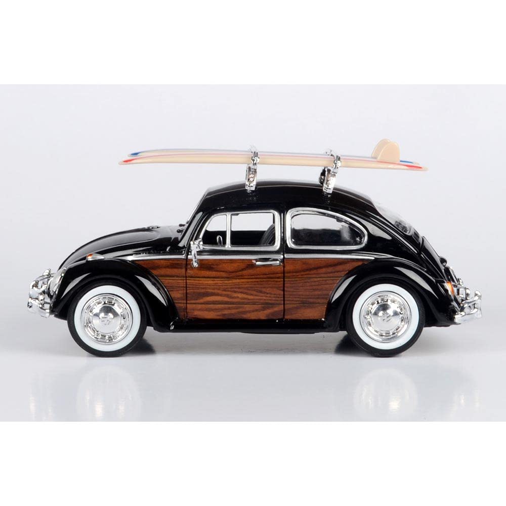 Toy Cars 1966 VW Beetle Black with Wood Panels and Two Surfboards on Roof Rack 1/24 Diecast Model Car by Motormax 79591