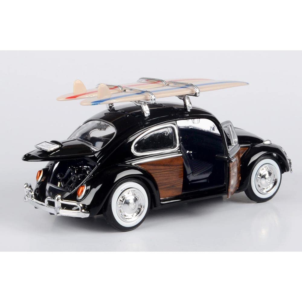 Toy Cars 1966 VW Beetle Black with Wood Panels and Two Surfboards on Roof Rack 1/24 Diecast Model Car by Motormax 79591