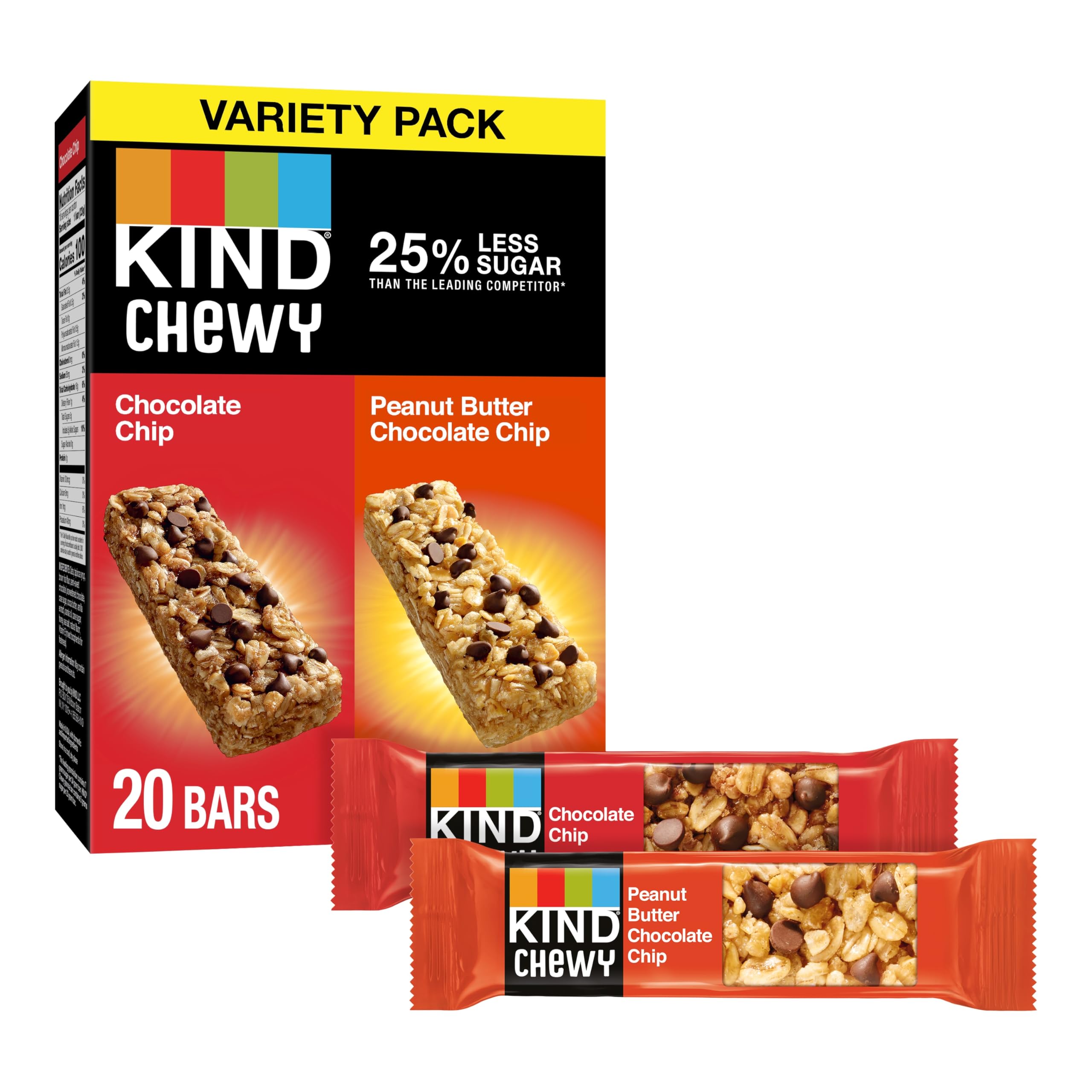 KIND KIDS Chewy Granola Bars, Chocolate Chip and Peanut Butter Chocolate Chip, Variety Pack, 100% Whole Grains, Gluten Free Bars, 0.81 oz (20 Count)