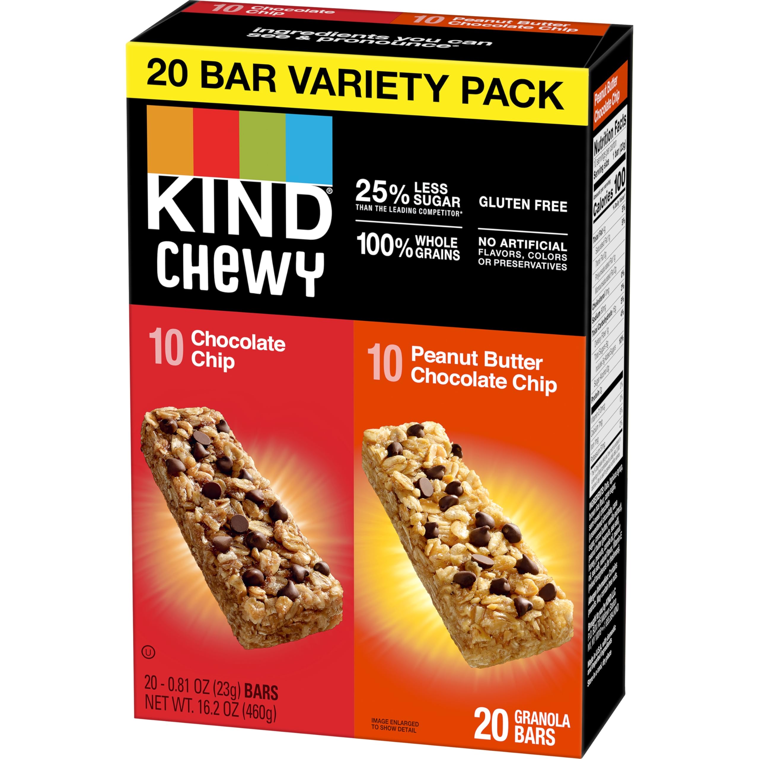 KIND KIDS Chewy Granola Bars, Chocolate Chip and Peanut Butter Chocolate Chip, Variety Pack, 100% Whole Grains, Gluten Free Bars, 0.81 oz (20 Count)