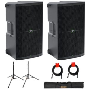 mackie thump215xt 1400w 15" powered pa loudspeaker system with dsp and bluetooth (pair) bundle with auray ss-47s-pb steel speaker stands, carrying case, and 2x xlr-xlr cable