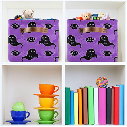 CHIFIGNO Abstract Halloween Boo Decorative Basket Collapsible Storage Bin with Leather Handles for Home Office Dorm Closet Storage, 2PCs