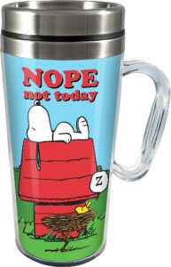 spoontiques - ceramic travel coffee mug with lid and handle - spill proof lid - double walled cup for hot and cold beverages - microwave and dishwasher safe - snoopy insulated travel mug