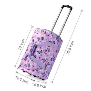 Choco Mocha Girls Butterfly Suitcase with Wheels Kids Purple Rolling Duffle Bag for Camping Teen Girls Toddler Luggage Bag for Travel, 22inch