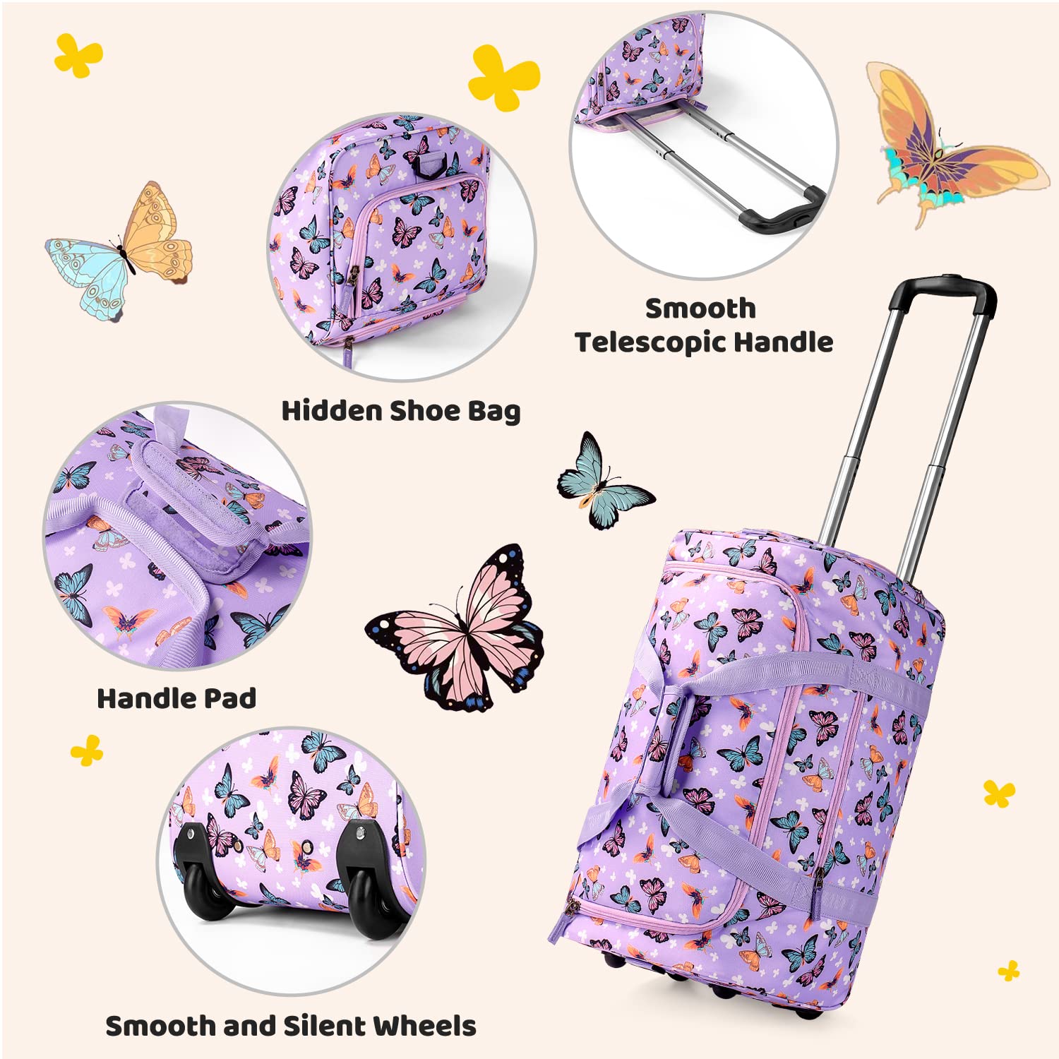 Choco Mocha Girls Butterfly Suitcase with Wheels Kids Purple Rolling Duffle Bag for Camping Teen Girls Toddler Luggage Bag for Travel, 22inch