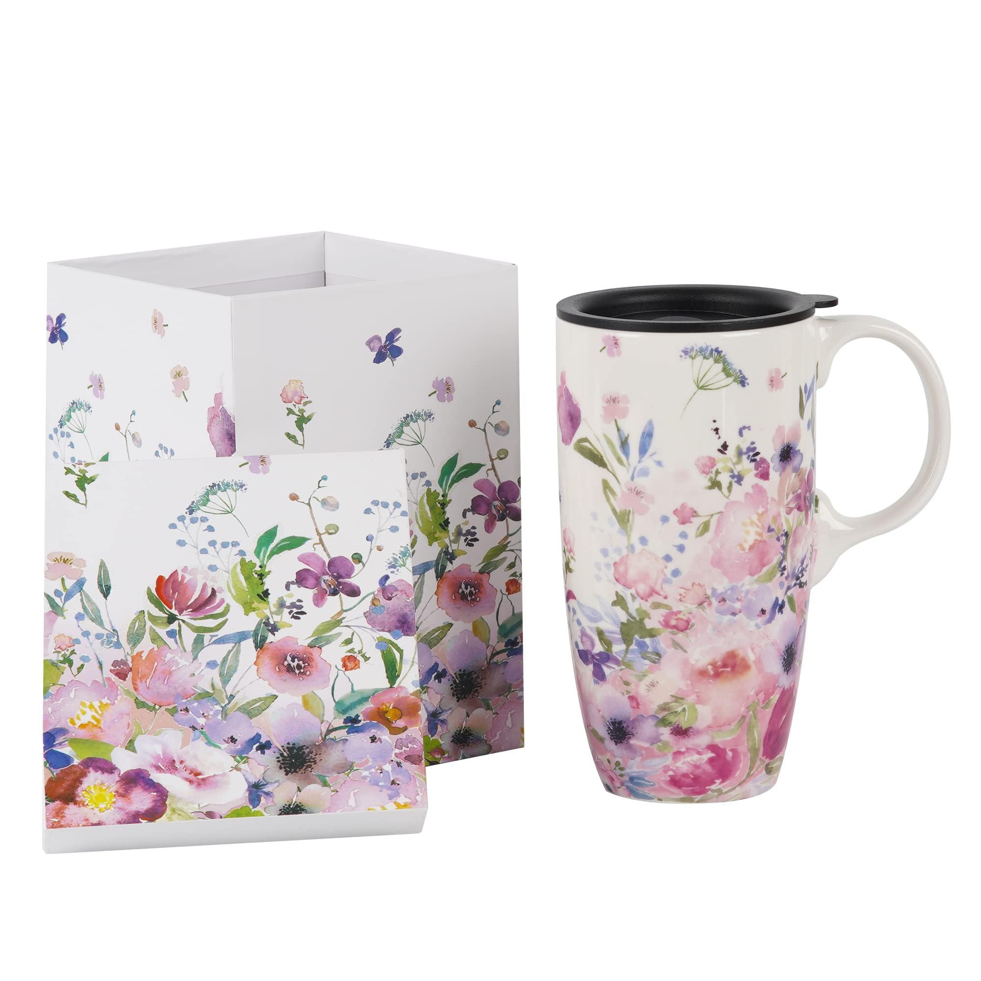 Topadorn Coffee Ceramic Mug Porcelain Latte Tea Cup With Lid in Gift Box 17oz., Spring,Mother's Day Mug