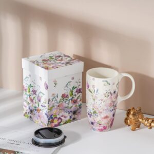 Topadorn Coffee Ceramic Mug Porcelain Latte Tea Cup With Lid in Gift Box 17oz., Spring,Mother's Day Mug