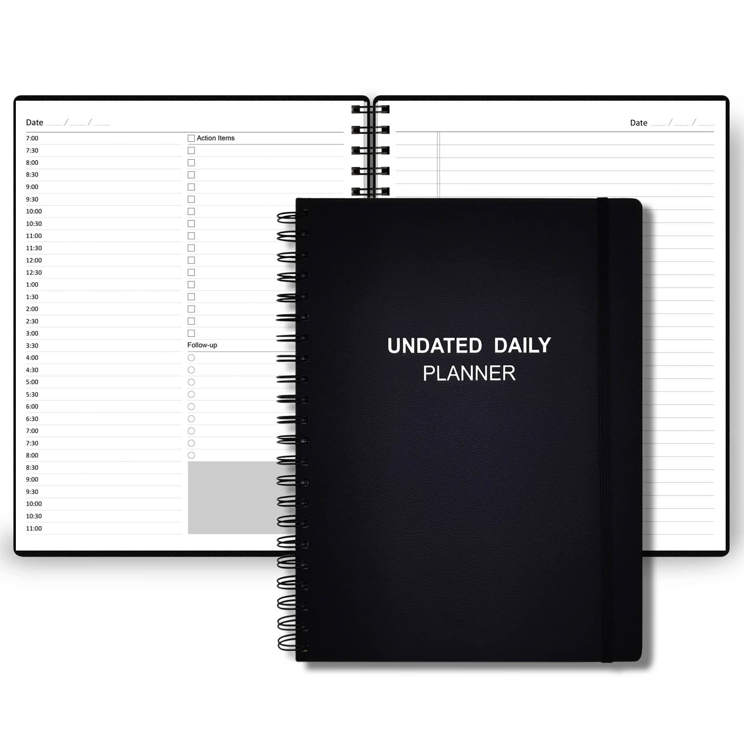 A4 Undated Daily Planner Notebook- Daily Productivity Planner with Hourly Schedules, Action Items and Follow-up, Daily Organizer to Improve Time Management, 8.5 × 11 Inch, Black PU Daily Planner 2024