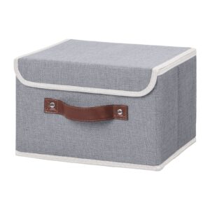 anminy storage bin with lid storage boxes with pu leather handles pp plastic board decorative foldable lidded cotton linen fabric home cubes baskets closet organizer container - gray, small size