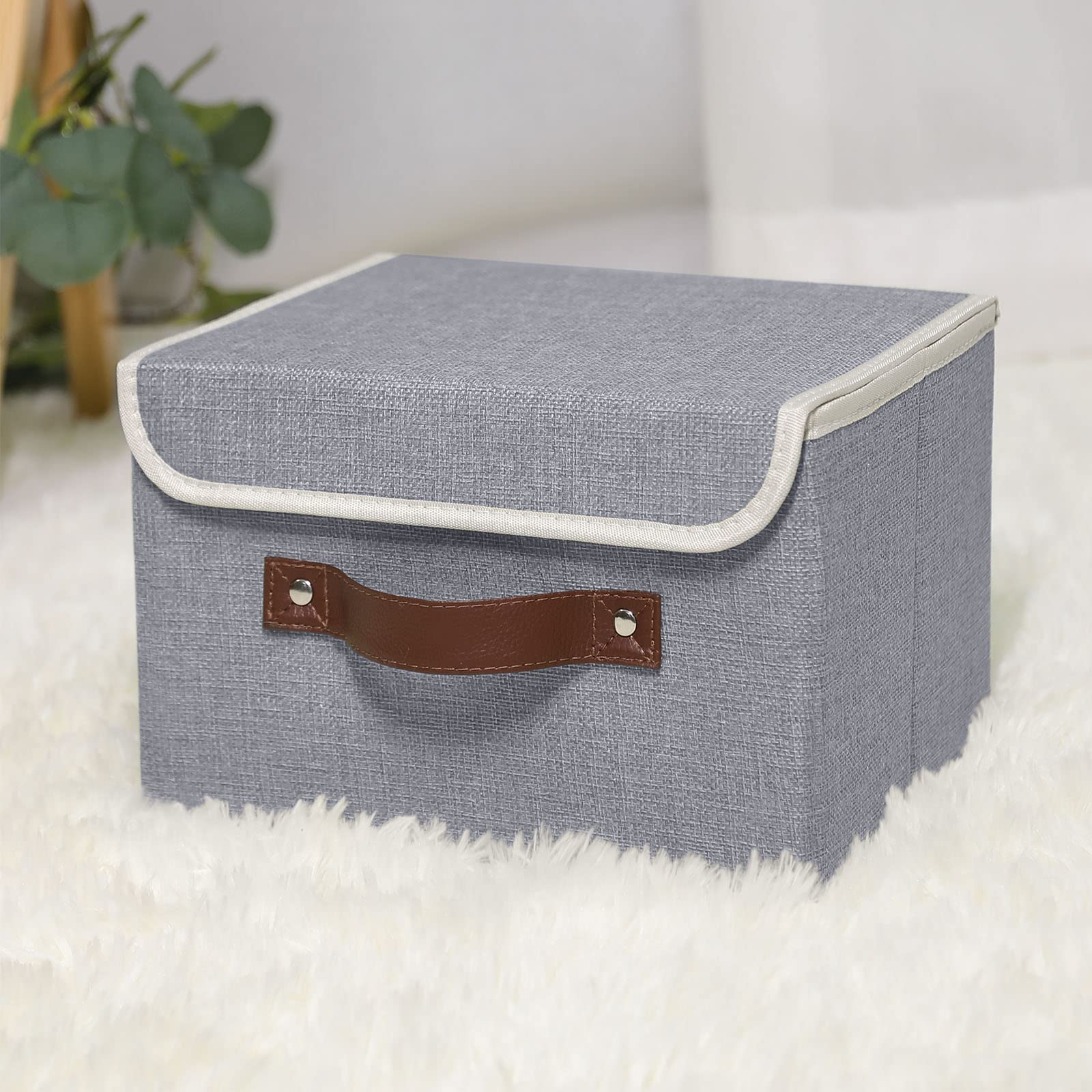 ANMINY Storage Bin with Lid Storage Boxes with PU Leather Handles PP Plastic Board Decorative Foldable Lidded Cotton Linen Fabric Home Cubes Baskets Closet Organizer Container - Gray, Small Size