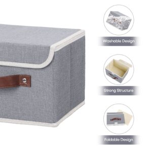 ANMINY Storage Bin with Lid Storage Boxes with PU Leather Handles PP Plastic Board Decorative Foldable Lidded Cotton Linen Fabric Home Cubes Baskets Closet Organizer Container - Gray, Small Size