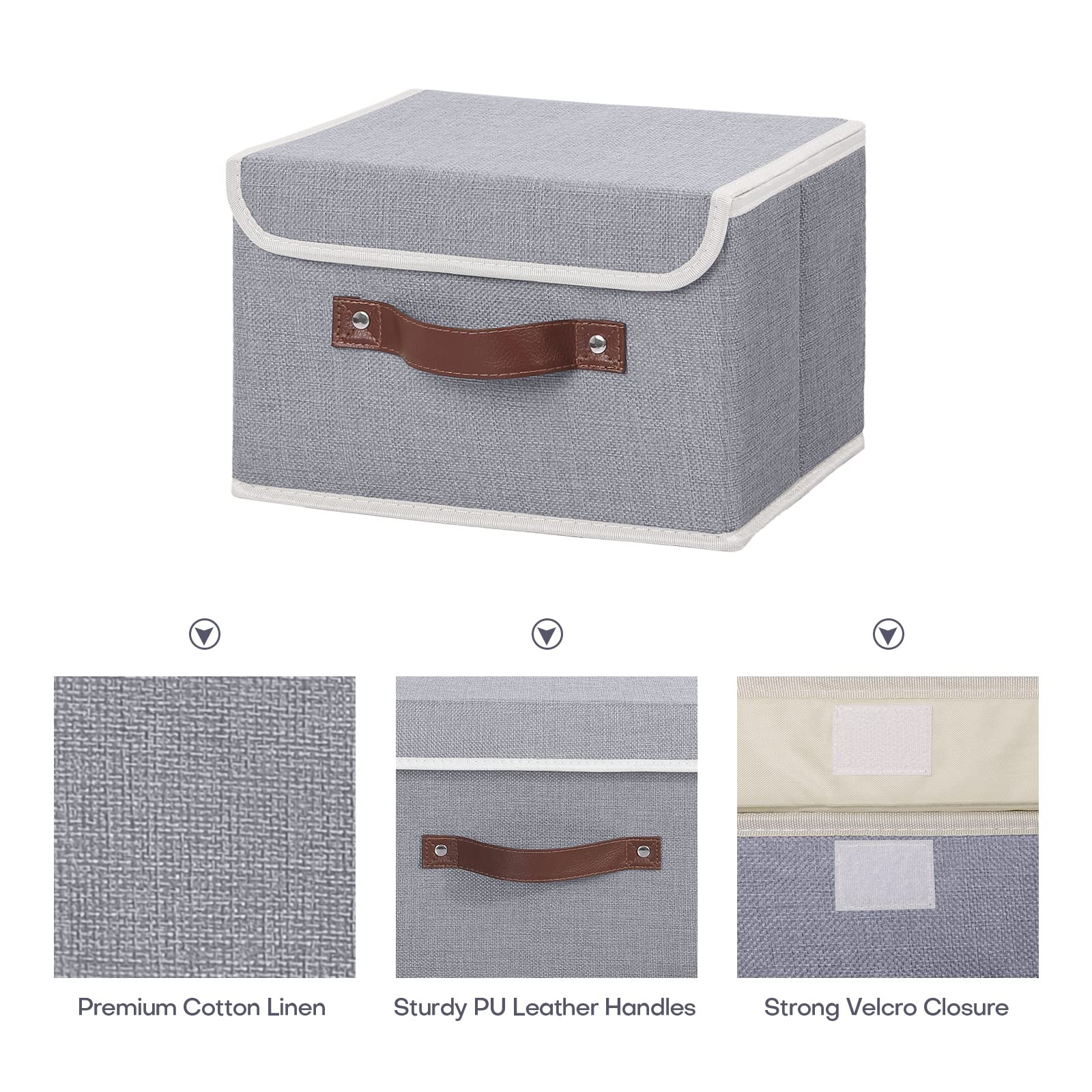 ANMINY Storage Bin with Lid Storage Boxes with PU Leather Handles PP Plastic Board Decorative Foldable Lidded Cotton Linen Fabric Home Cubes Baskets Closet Organizer Container - Gray, Small Size