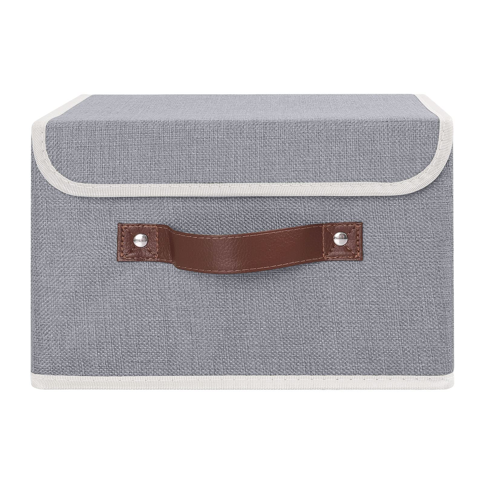 ANMINY Storage Bin with Lid Storage Boxes with PU Leather Handles PP Plastic Board Decorative Foldable Lidded Cotton Linen Fabric Home Cubes Baskets Closet Organizer Container - Gray, Small Size