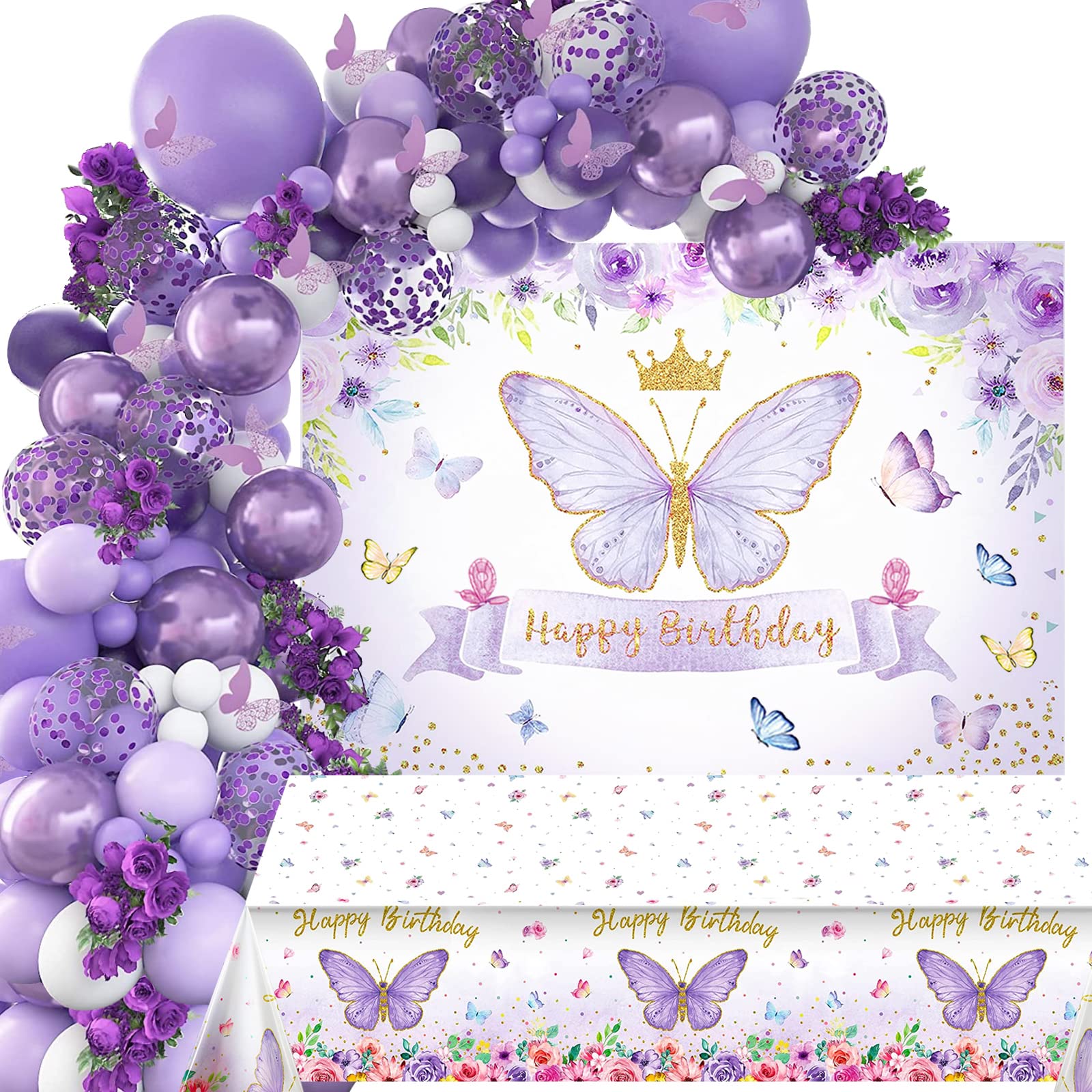 Butterfly Birthday Party Decorations Girls - 124PCS Butterfly Party Supplies, Balloon Arch/ Garland Kit, Butterfly Backdrop, Tablecloth, Latex Balloons, Metallic Balloons, 3D Butterfly Wall Decors