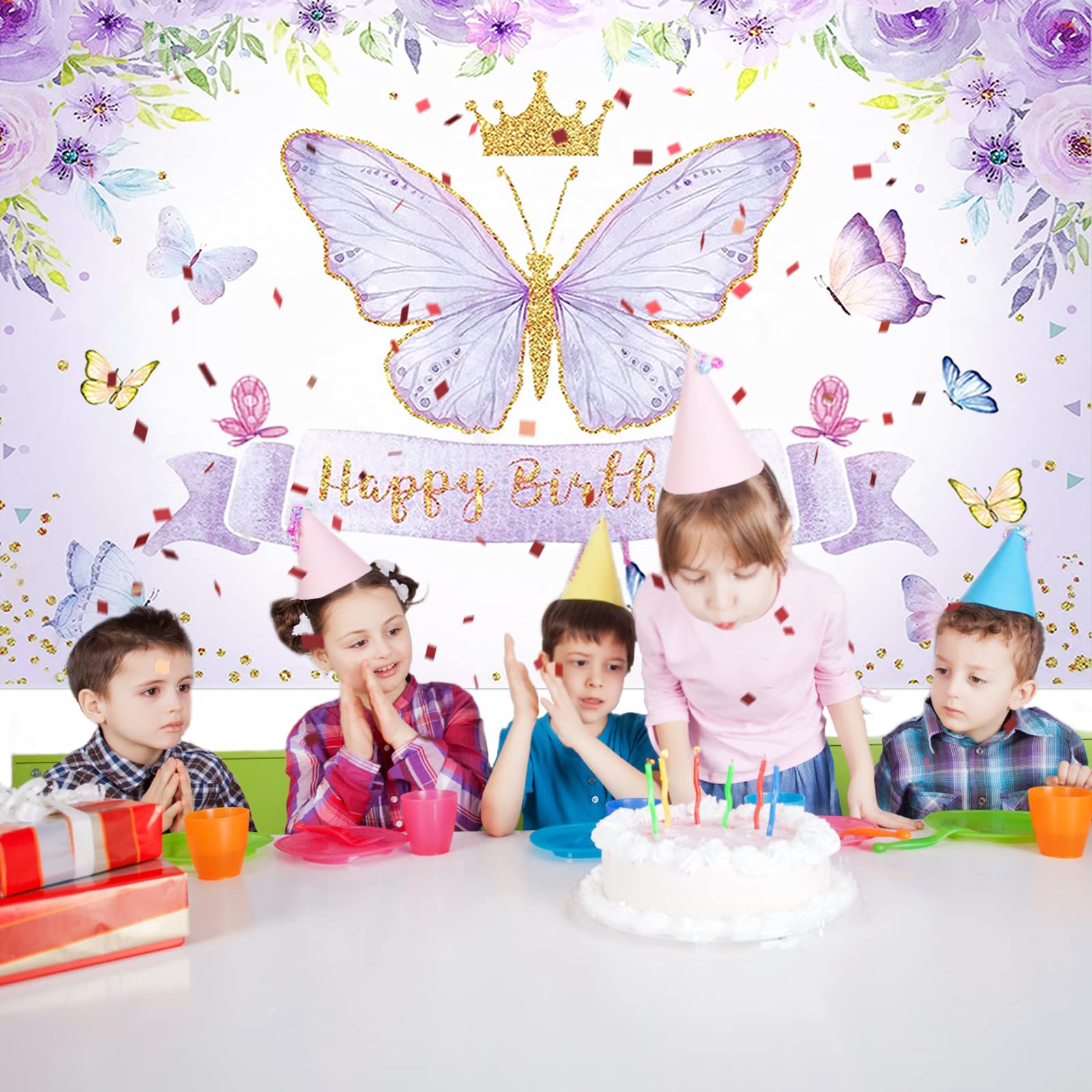 Butterfly Birthday Party Decorations Girls - 124PCS Butterfly Party Supplies, Balloon Arch/ Garland Kit, Butterfly Backdrop, Tablecloth, Latex Balloons, Metallic Balloons, 3D Butterfly Wall Decors