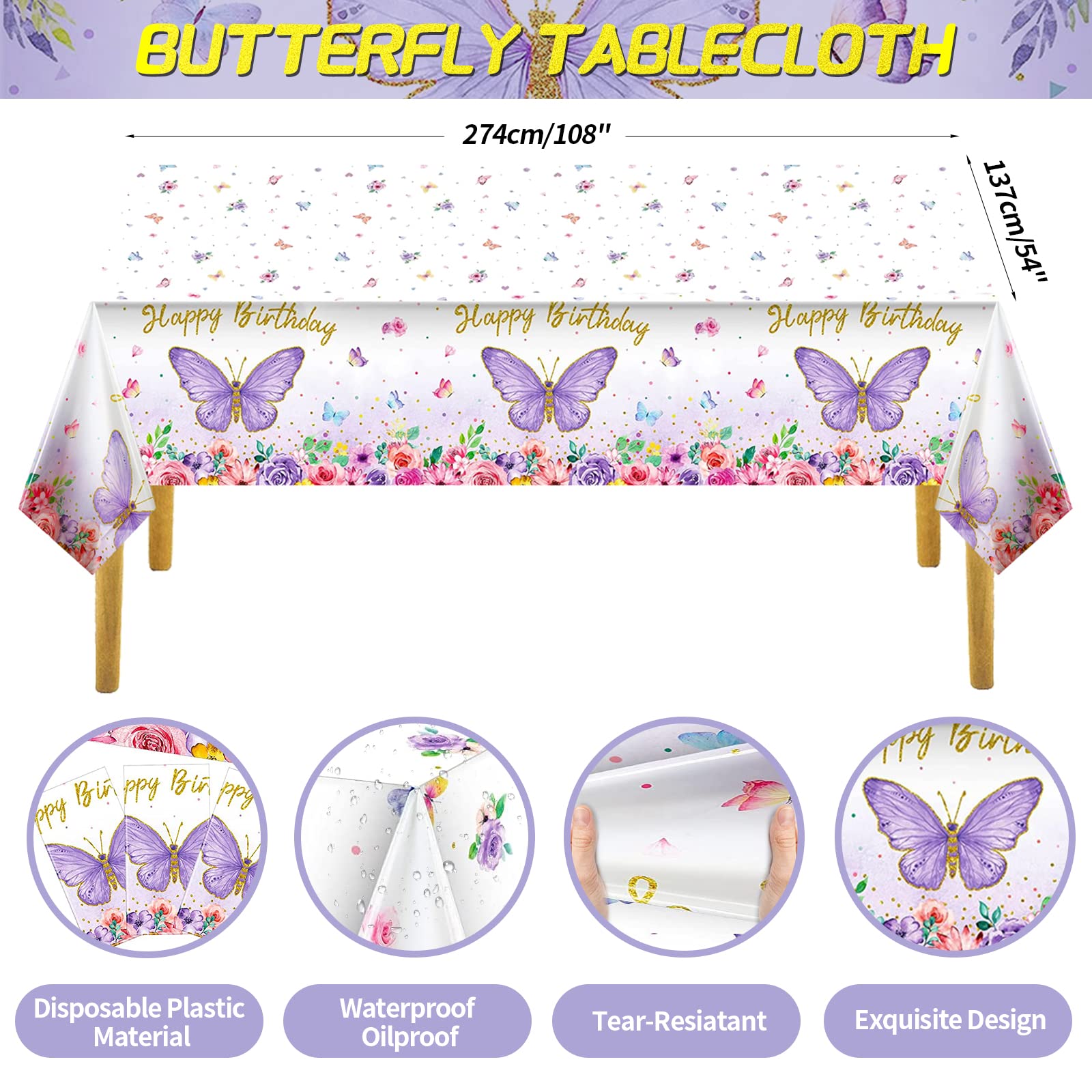 Butterfly Birthday Party Decorations Girls - 124PCS Butterfly Party Supplies, Balloon Arch/ Garland Kit, Butterfly Backdrop, Tablecloth, Latex Balloons, Metallic Balloons, 3D Butterfly Wall Decors