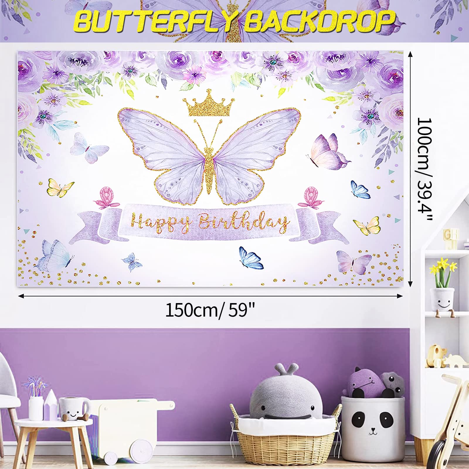 Butterfly Birthday Party Decorations Girls - 124PCS Butterfly Party Supplies, Balloon Arch/ Garland Kit, Butterfly Backdrop, Tablecloth, Latex Balloons, Metallic Balloons, 3D Butterfly Wall Decors