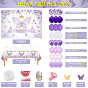 Butterfly Birthday Party Decorations Girls - 124PCS Butterfly Party Supplies, Balloon Arch/ Garland Kit, Butterfly Backdrop, Tablecloth, Latex Balloons, Metallic Balloons, 3D Butterfly Wall Decors