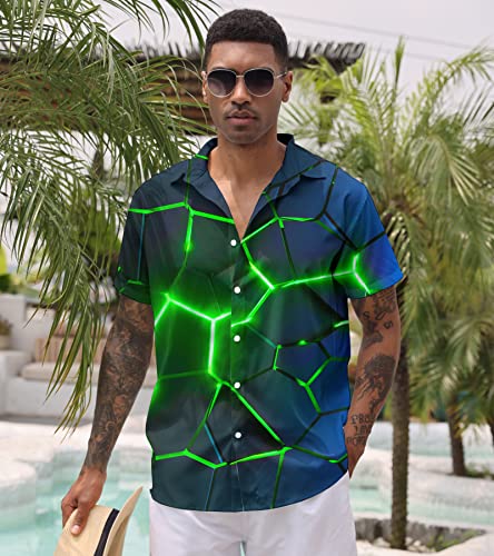 ALISISTER Men Shirt Flash Lava 3D Graphic Hawaiian Tropical Aloha Slimming Fit Tops Short Sleeve Button Down Collar Summer Beach Clothing