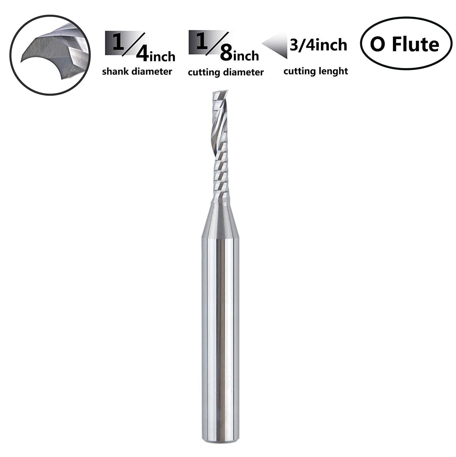 SpeTool 5PCS O Flute Spiral Upcut Router Bit Set 1/4 Inch Shank with 1/8 Inch Cutting Diameter, Carbide Singe Flute Aluminum Cutting End Mill for CNC Router