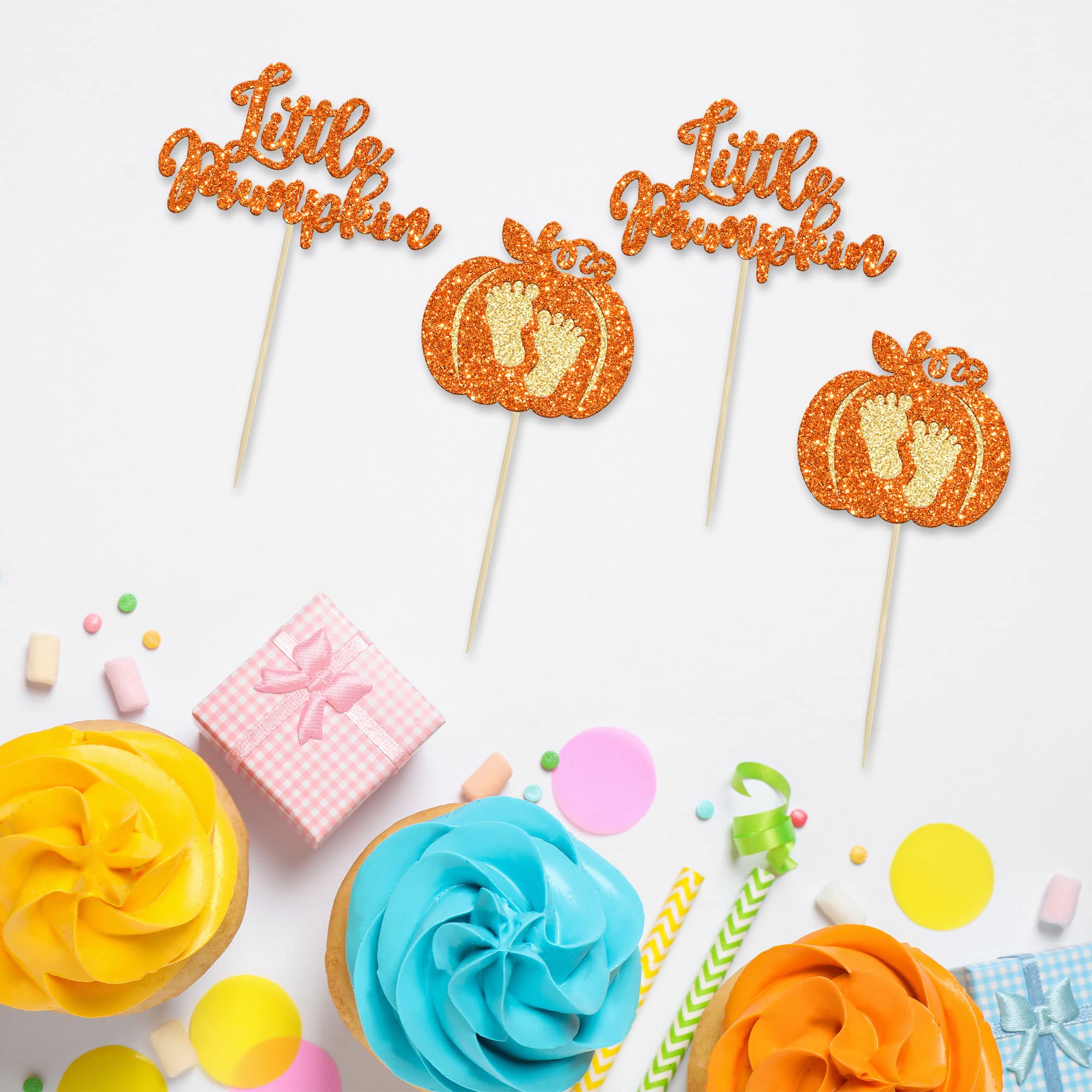 24Pcs Little Pumpkin Cupcake Toppers Glitter Pumpkin Cupcake Picks Little Pumpkin Baby Shower Decorations Fall Harvest Theme Baby Shower Kids Birthday Party Supplies