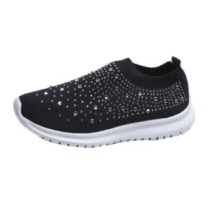 angrymonkey women's rhinestones mesh sport slip-on shoes,non slip good arch breathable lightweight casual sock sneaker nurse shoes (11,black,11)