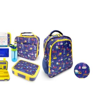 Bundle of Bento Box, Insulated Lunch Bag, Ice Pack & Water Botle Set for Kids - 5 Leakproof Compartments (Blue Yellow Truck) + Toddler Backpack for Boys, Cute 13” (Blue Yellow Trucks)