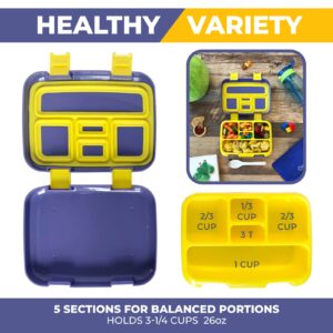 Bundle of Bento Box, Insulated Lunch Bag, Ice Pack & Water Botle Set for Kids - 5 Leakproof Compartments (Blue Yellow Truck) + Toddler Backpack for Boys, Cute 13” (Blue Yellow Trucks)