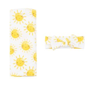 little sleepies newborn swaddle + headband set, viscose from bamboo baby wrap, sunshine