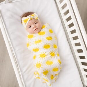 Little Sleepies Newborn Swaddle + Headband Set, Viscose from Bamboo Baby Wrap, Sunshine