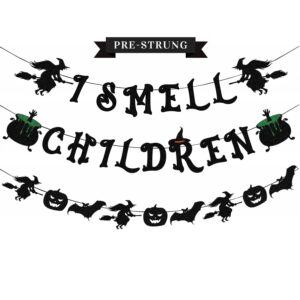 halloween decorations - glittery black i smell children banner, halloween garland with witch, witch's brew, pumpkin and halloween bats for halloween party decorations, hocus pocus decorations