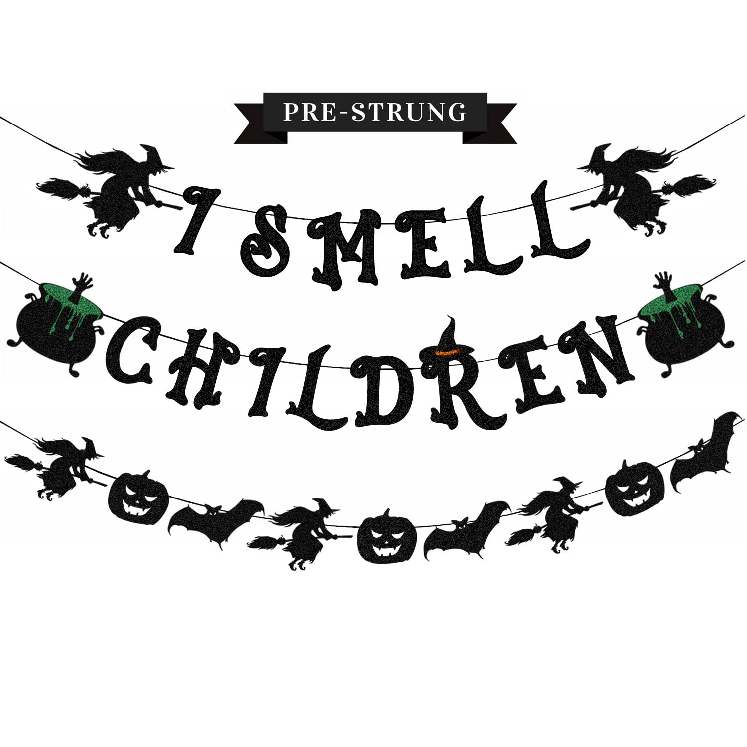 Halloween Decorations - Glittery Black I Smell Children Banner, Halloween Garland with Witch, Witch's Brew, Pumpkin and Halloween Bats for Halloween Party Decorations, Hocus Pocus Decorations