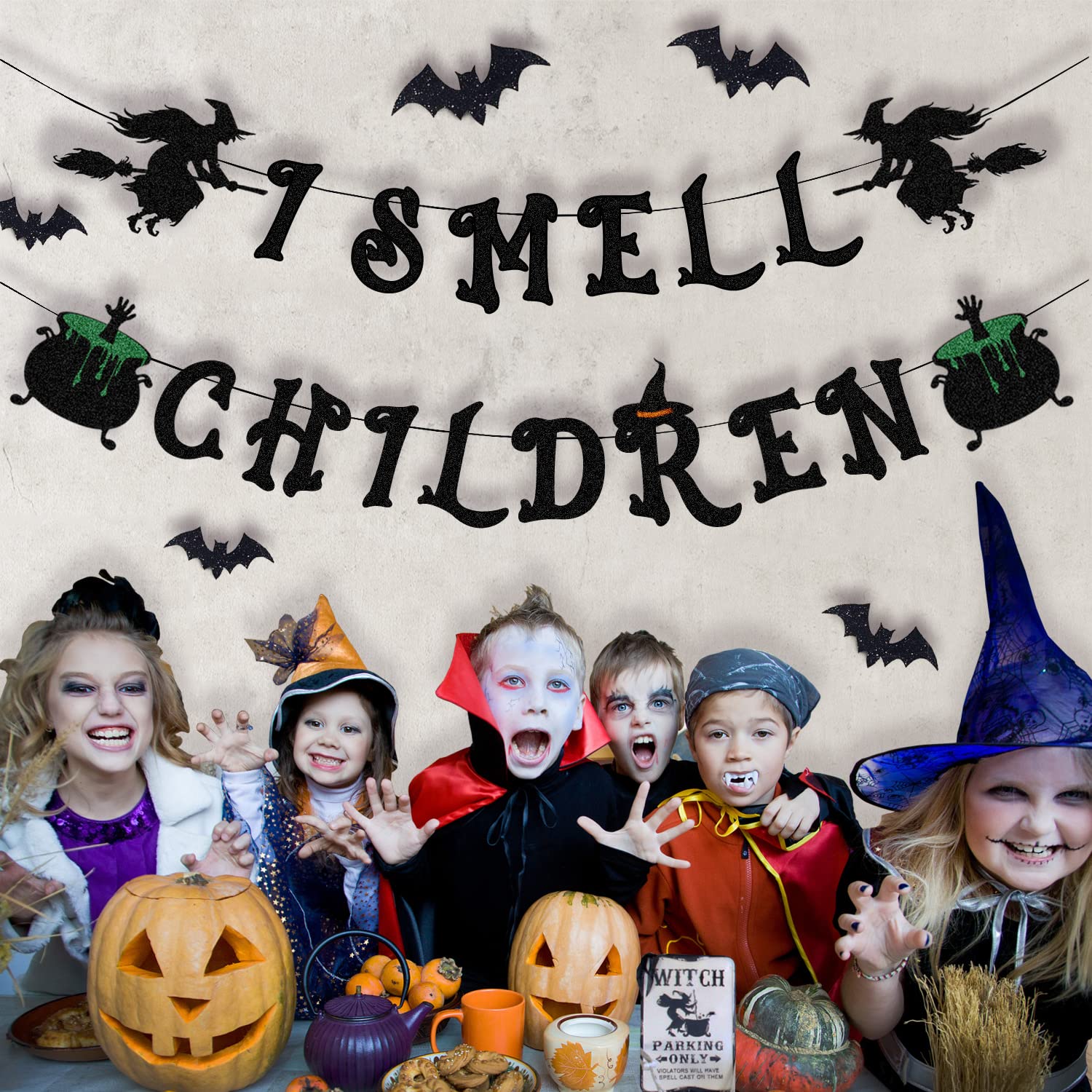 Halloween Decorations - Glittery Black I Smell Children Banner, Halloween Garland with Witch, Witch's Brew, Pumpkin and Halloween Bats for Halloween Party Decorations, Hocus Pocus Decorations