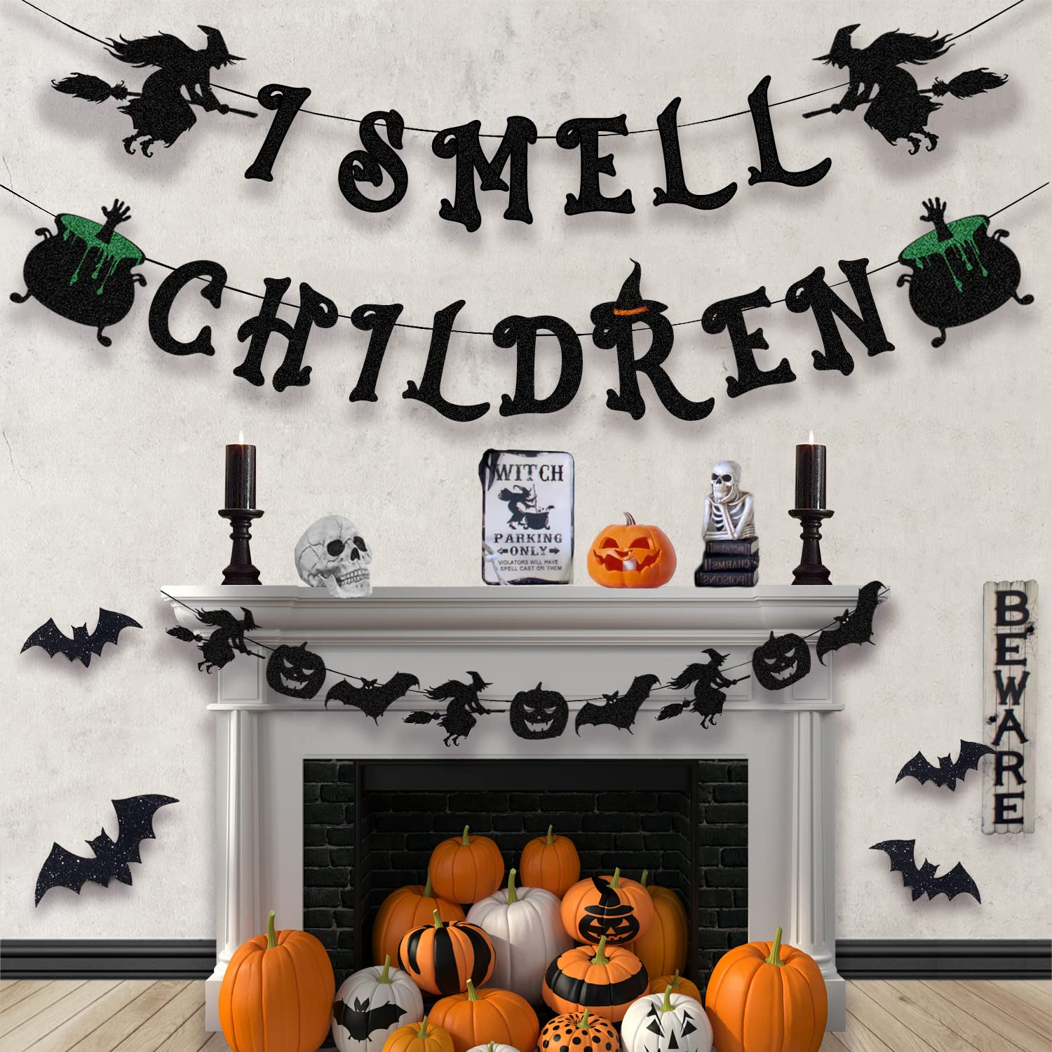 Halloween Decorations - Glittery Black I Smell Children Banner, Halloween Garland with Witch, Witch's Brew, Pumpkin and Halloween Bats for Halloween Party Decorations, Hocus Pocus Decorations