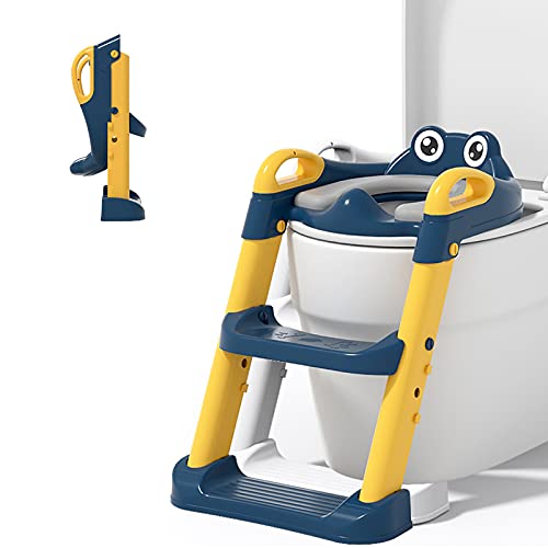 HAHONIA Potty Training Seat for Toddlers, Foldable Potty Training Toilet with Step Stool Ladder, Toddler Potty Seat with Upgraded Height-adjustable Wide Step & Soft Cushion Splash Guard Blue