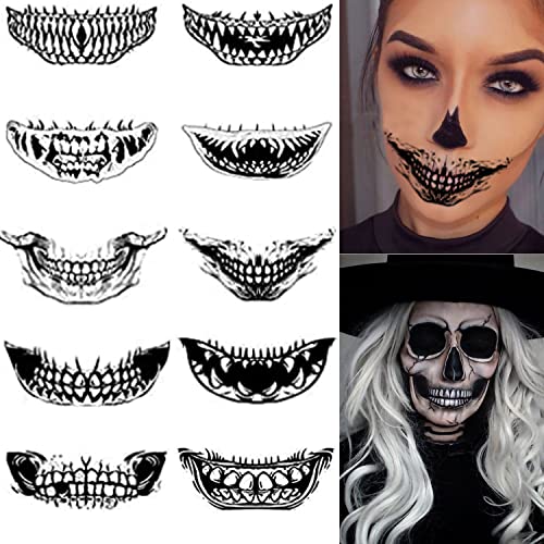 Halloween Temporary Tattoos Mouth Dark Black Face Mouth Teeth Stickers Terror Waterproof Ornaments for Adults kids 10pcs Halloween Tattoos Stickers Decal Party Decoration Supplies