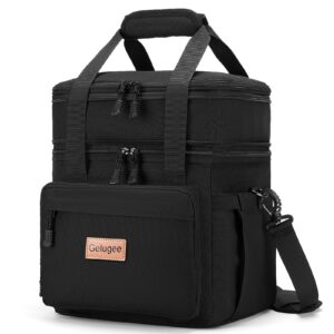 gelugee lunch bag women,double deck lunch box for men, insulated lunch cooler tote bag, waterproof adult lunchbox, 15l large black lunch pail for work office picnic