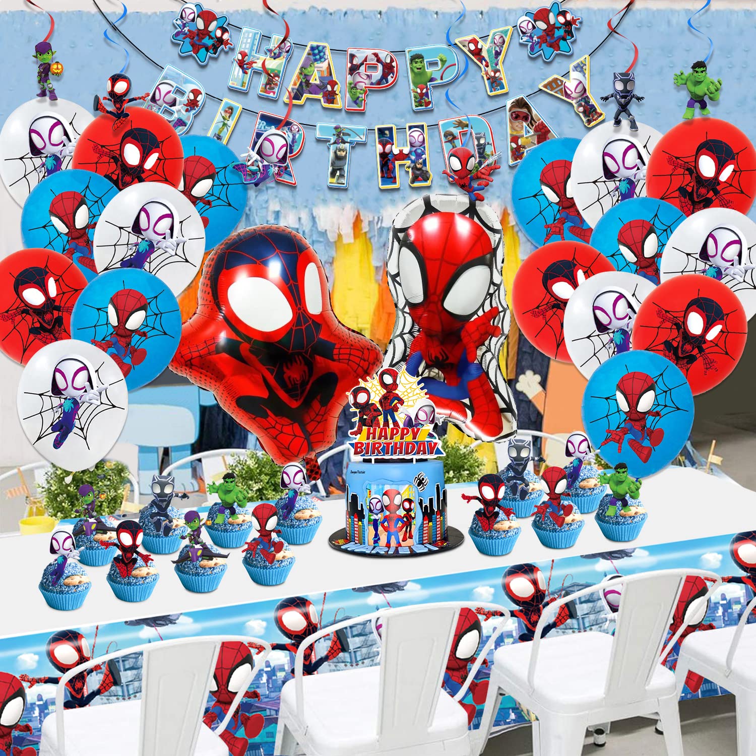 Spidey and His Amazing Friends Birthday Decorations, Party Supplies Set Include Banner, Balloons, Hanging Swirls, Cake Cupcake Toppers, Tablecloth for Boys Girls Spidey Theme Party