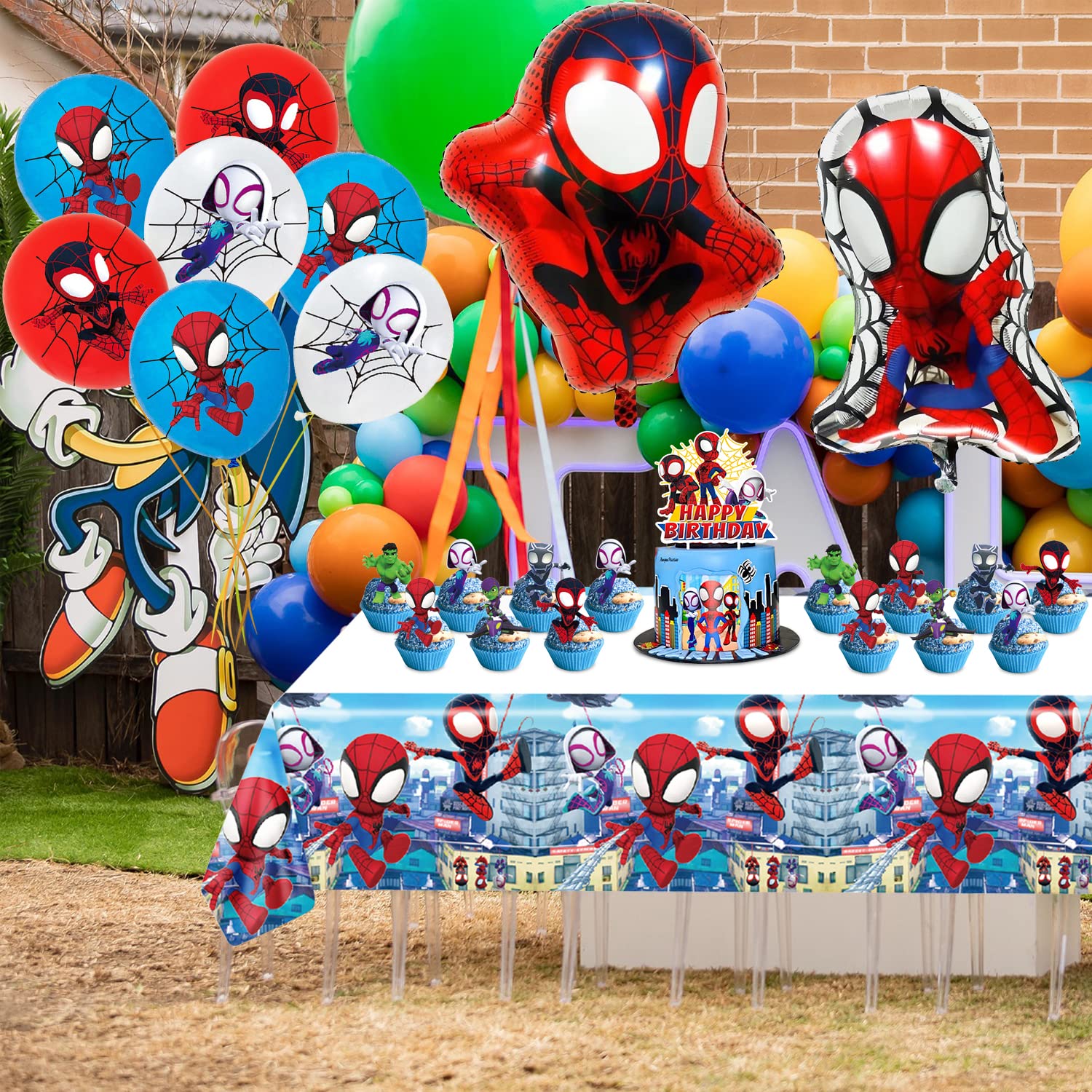 Spidey and His Amazing Friends Birthday Decorations, Party Supplies Set Include Banner, Balloons, Hanging Swirls, Cake Cupcake Toppers, Tablecloth for Boys Girls Spidey Theme Party